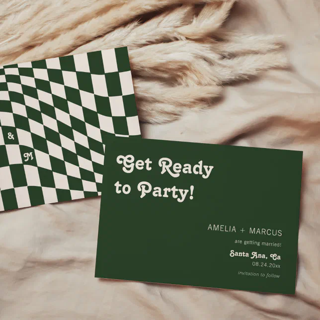Retro Modern Chic Dark Green Checker Save the Date Invitation | Zazzle