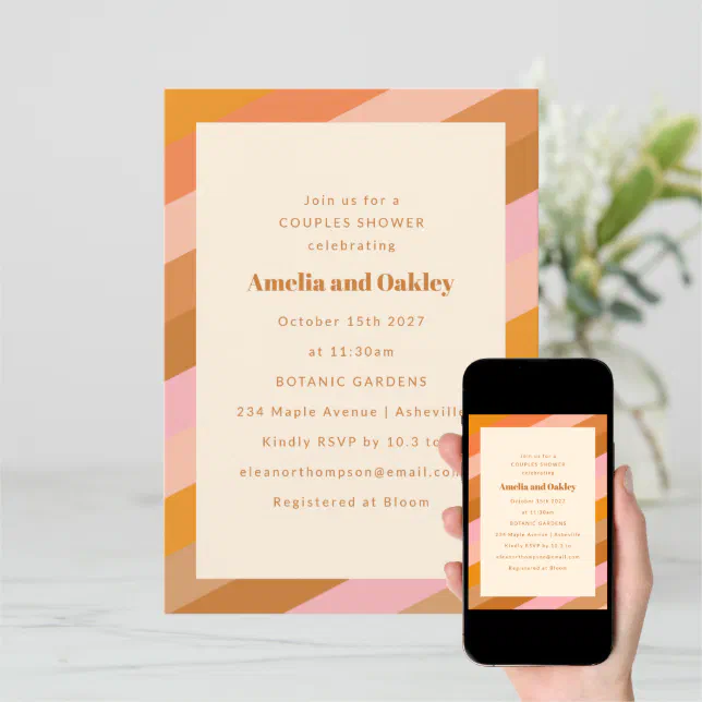 Retro Modern Geometric Pink Orange Couples Shower Invitation | Zazzle