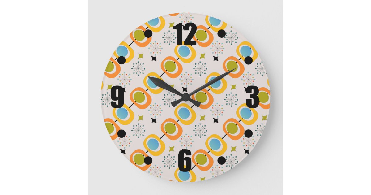 Retro Modern Mid Century Starburst Pattern Lumbar Large Clock | Zazzle