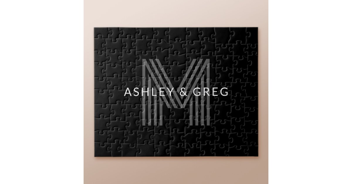 Retro Modern Name/s Editable Monogram Black & Gray Jigsaw Puzzle | Zazzle