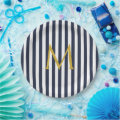 Retro Monogram Navy Blue & White Stripes Striped Paper Plates | Zazzle