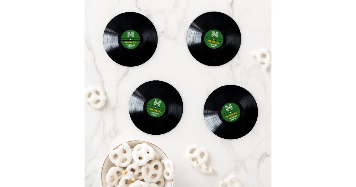 Retro Monogram Record Album Green Coaster Set | Zazzle