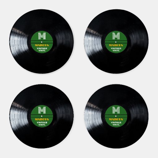 Retro Monogram Record Album Green Coaster Set | Zazzle