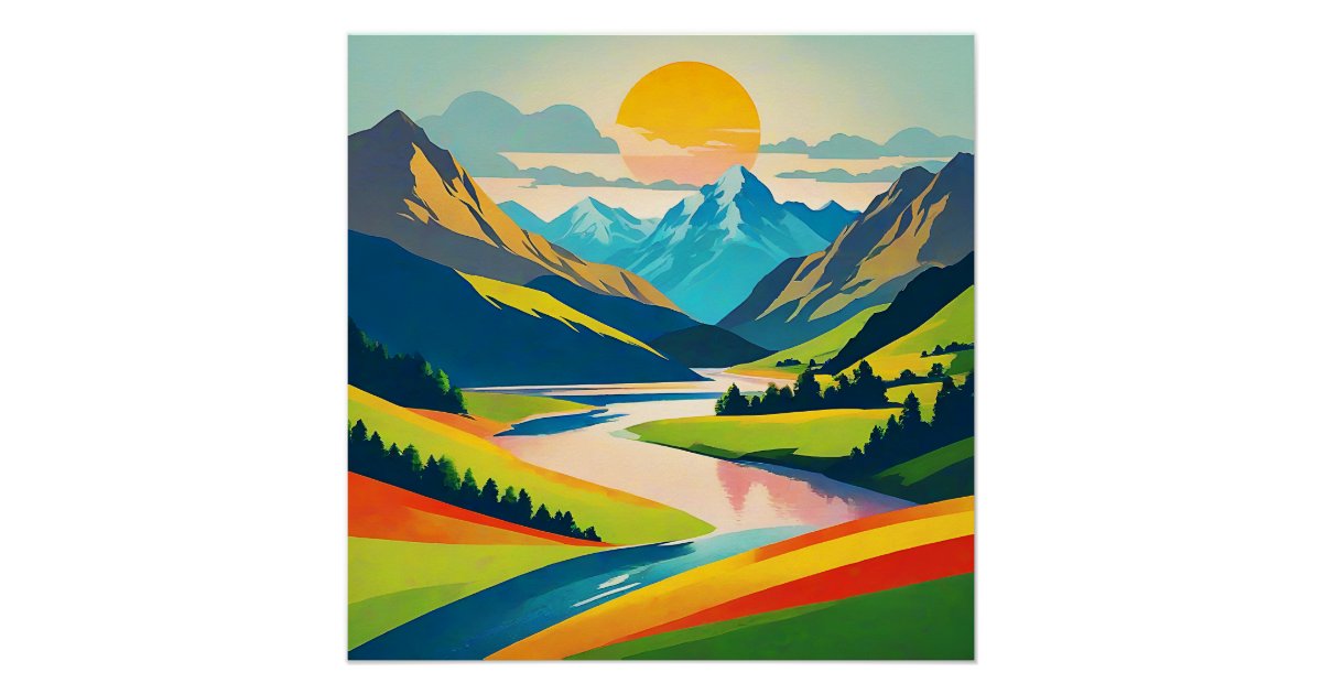 Retro Mountain Landscape Illustration Colorful Poster | Zazzle