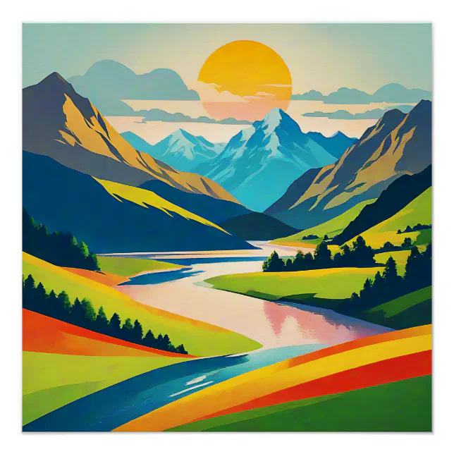 Retro Mountain Landscape Illustration Colorful Poster | Zazzle