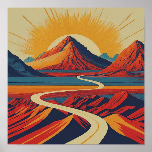 Retro Mountain Landscape Illustration Modern Red Poster | Zazzle