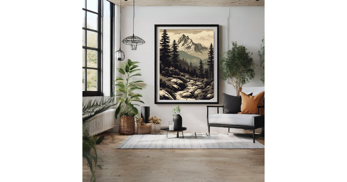 Retro Mountain Landscape Illustration Poster | Zazzle