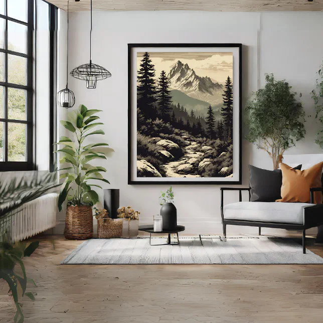 Retro Mountain Landscape Illustration Poster | Zazzle