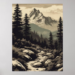 Retro Mountain Landscape Illustration Poster | Zazzle