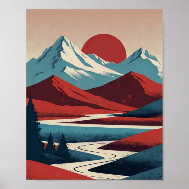 Retro Mountain Landscape Illustration Red Blue Poster | Zazzle