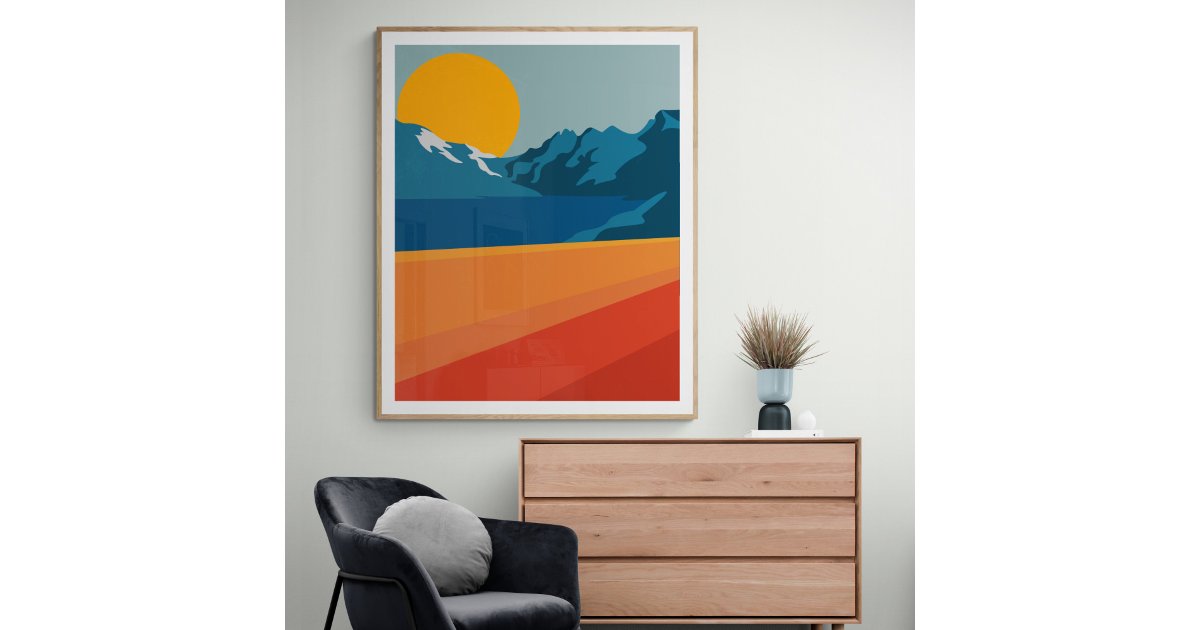 Retro Mountain Landscape Illustration Red Blue Poster | Zazzle