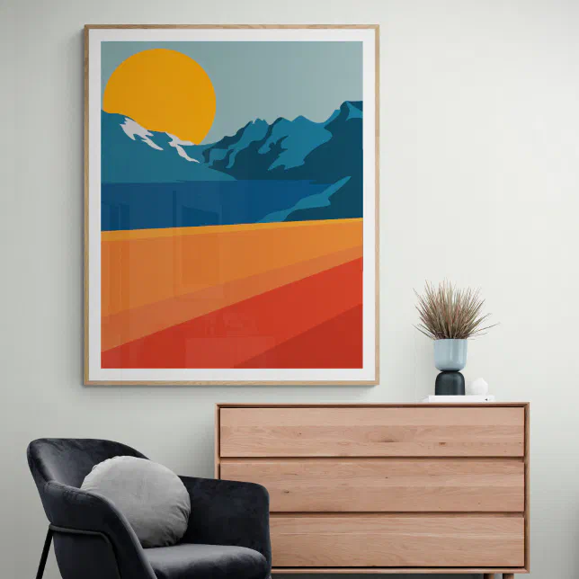 Retro Mountain Landscape Illustration Red Blue Poster | Zazzle