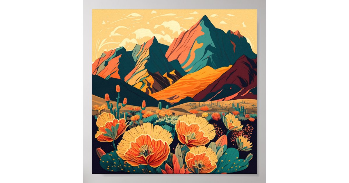 Retro Mountains Landscape Illustration Artistic Poster | Zazzle