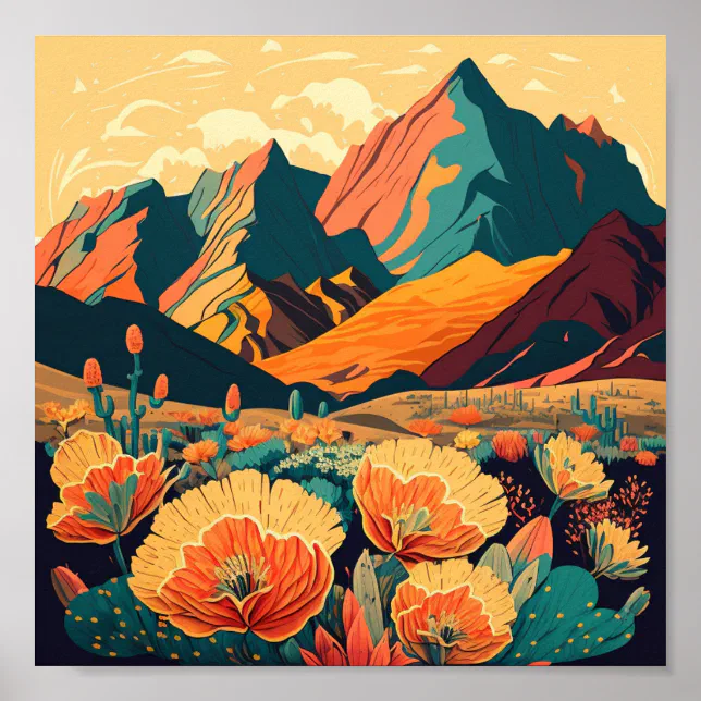Retro Mountains Landscape Illustration Artistic Poster | Zazzle