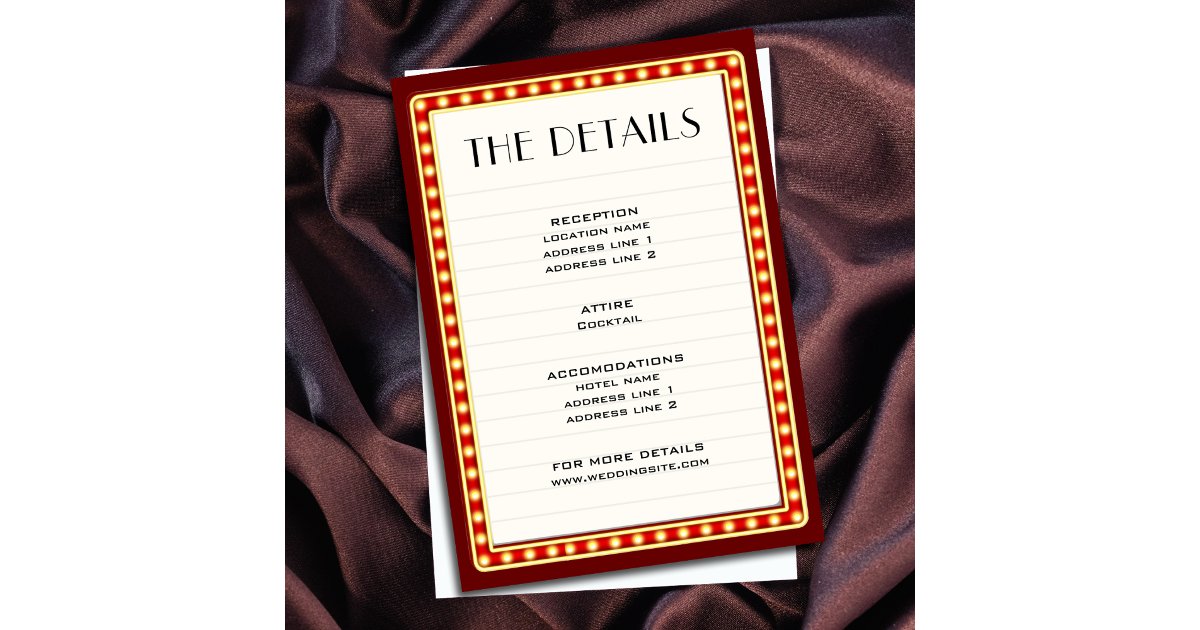 Retro Movie Theater Marquee Sign Wedding Details Enclosure Card | Zazzle