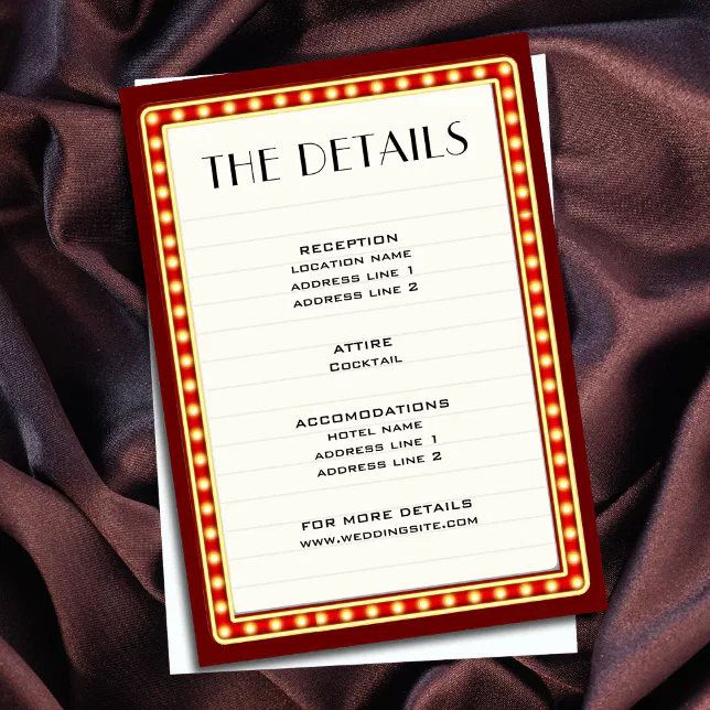 Retro Movie Theater Marquee Sign Wedding Details Enclosure Card | Zazzle