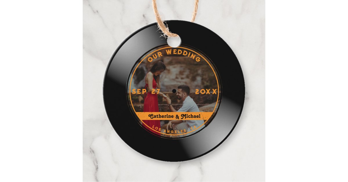 Retro Music Vinyl Record Photo Wedding Round Favor Tags | Zazzle