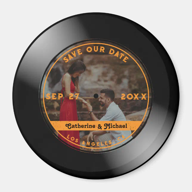 Retro Music Vinyl Record Photo Wedding Round Magnet | Zazzle