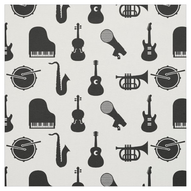 Musical Instruments Black & White Music Pattern Fabric | Zazzle