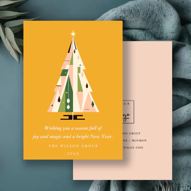 Retro Mustard Green Christmas Tree Business Logo Holiday Card | Zazzle