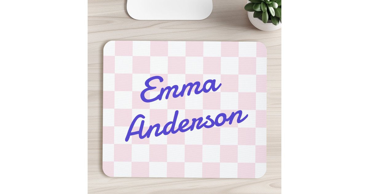 Retro name light pink white checkerboard pattern mouse pad | Zazzle