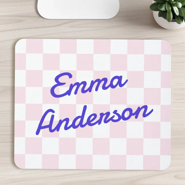 Retro name light pink white checkerboard pattern mouse pad | Zazzle