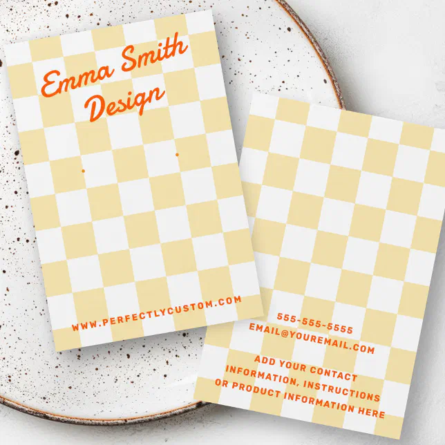 Retro name pale yellow white checkers earring card | Zazzle