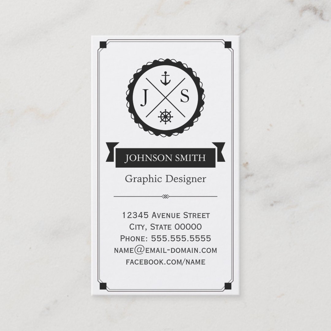 Retro Nautical Anchor Monogrammed Business Card | Zazzle