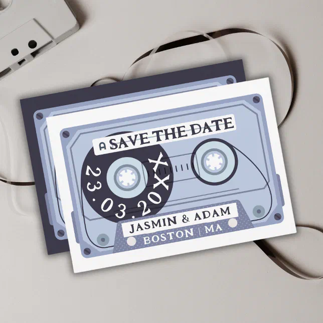 Retro Navy Blue Cassette Tape Wedding Save The Date | Zazzle