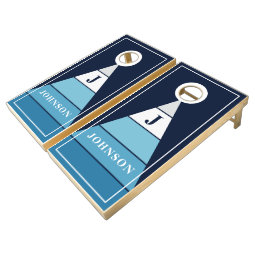 Retro Navy Blue Triangle Stripes Family Name Cornhole Set | Zazzle