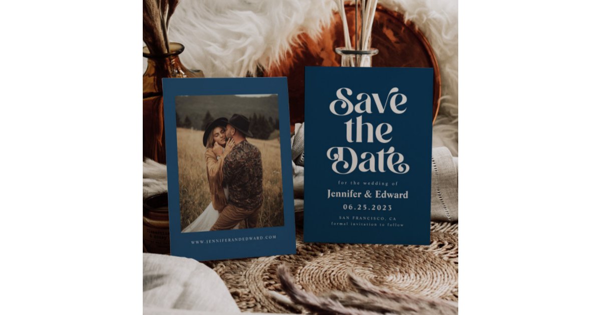 Retro Navy Blue Wedding Save The Date | Zazzle