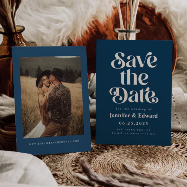 Retro Navy Blue Wedding Save The Date | Zazzle