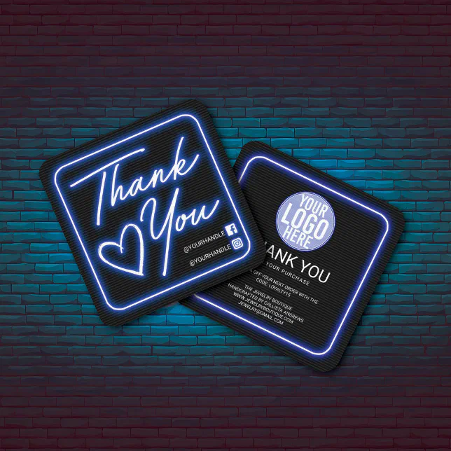 Retro Neon Blue Lighted Sign Customer Thank You Square Business Card ...