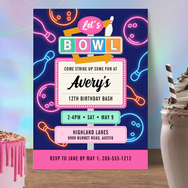 Retro Neon Bowling Invitation For Girl's Birthday | Zazzle