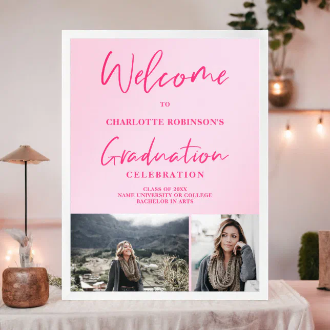 Retro neon pink photo script welcome graduation poster | Zazzle