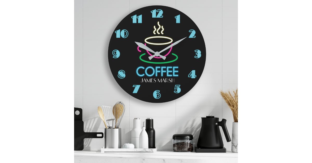 Retro Neon Sign Coffee Cafe Large Clock | Zazzle