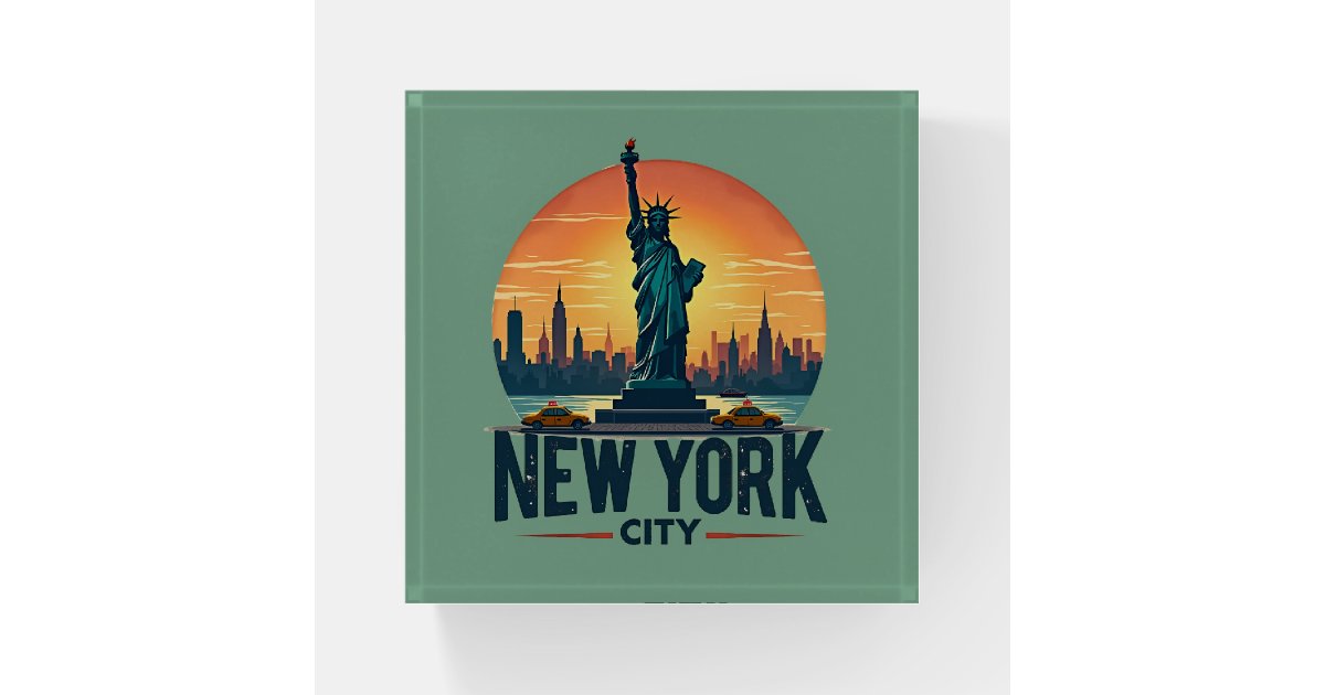 Retro New York City Skyline with Statue of Liberty Paperweight | Zazzle