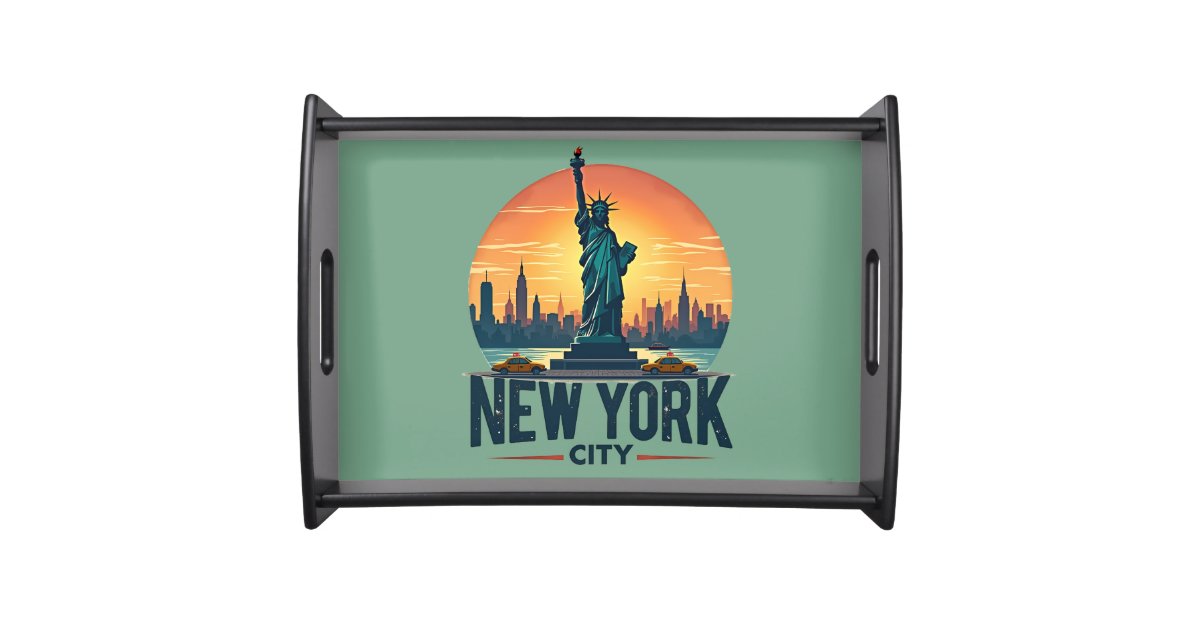 Retro New York City Skyline with Statue of Liberty Serving Tray | Zazzle