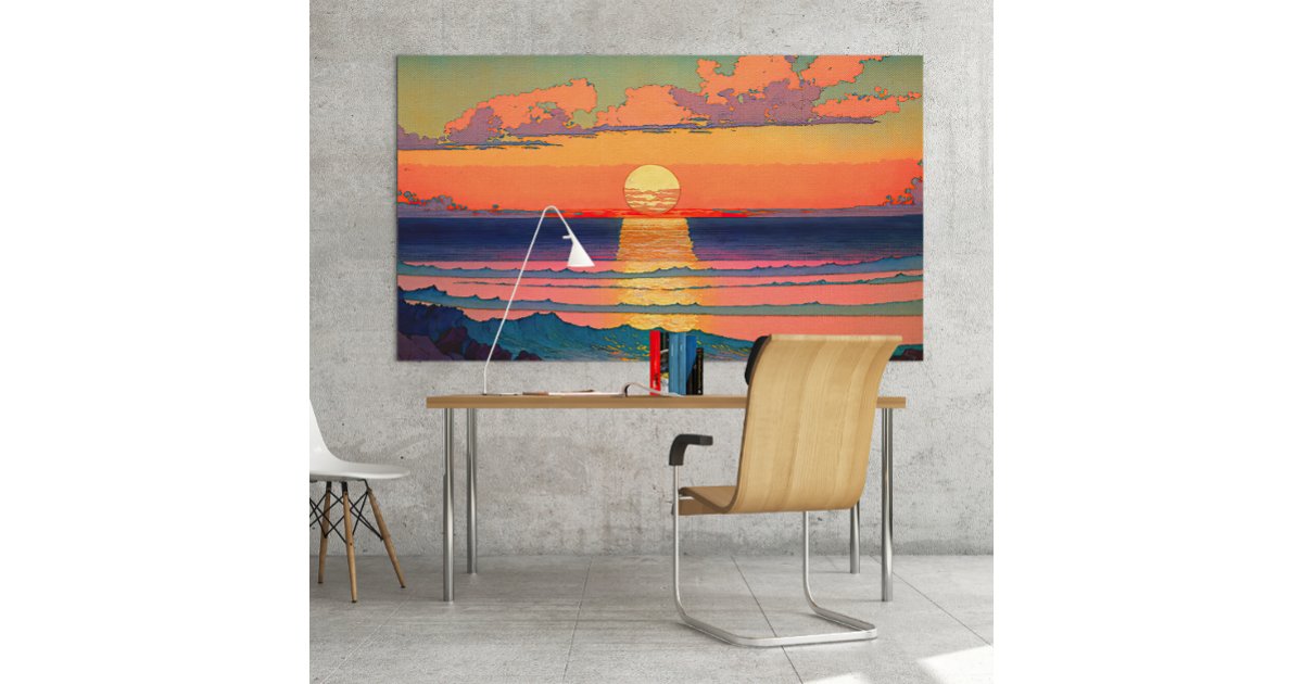 Retro Ocean Sunset Illustration Ai Art Poster | Zazzle