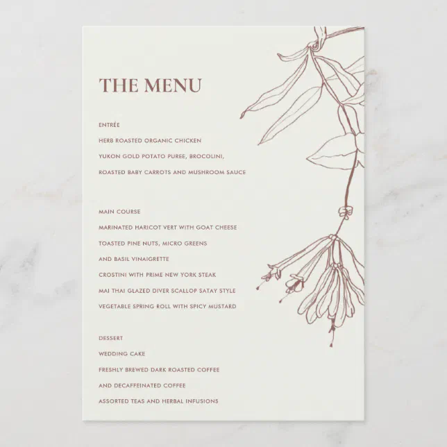 RETRO OFF WHITE BLUSH LINE DRAWING FLORAL MENU | Zazzle