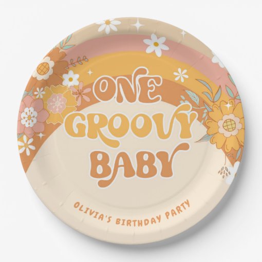 Retro one groovy baby birthday paper plates | Zazzle