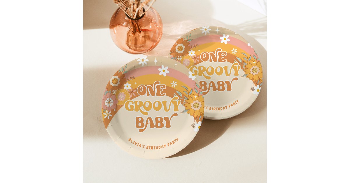 Retro one groovy baby birthday paper plates | Zazzle