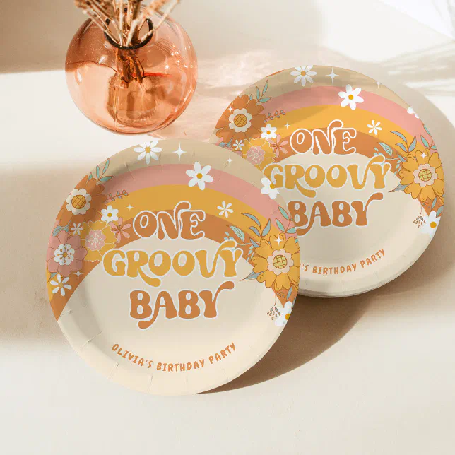Retro one groovy baby birthday paper plates | Zazzle