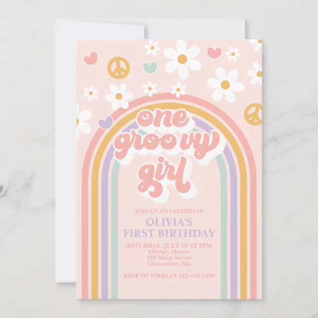 Retro One Groovy Girl Rainbow 1ST Birthday Invitation | Zazzle