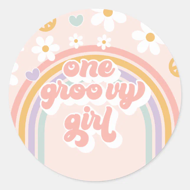 Retro One Groovy Girl Rainbow Birthday Classic Round Sticker | Zazzle