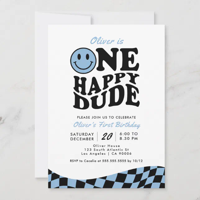 Retro One Happy Dude Blue Smile Face 1st Birthday Invitation | Zazzle