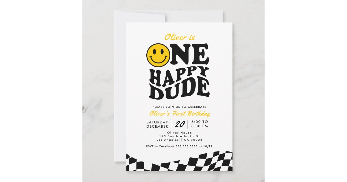 Retro One Happy Dude Smile Face Boy 1st Birthday Invitation | Zazzle