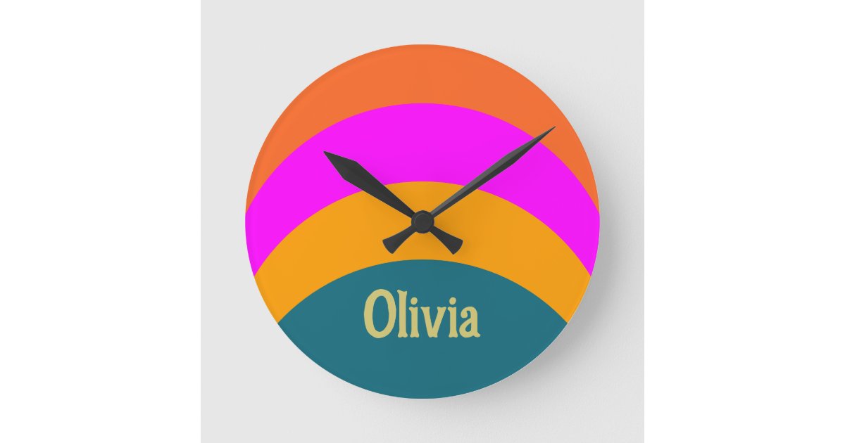 Retro Orange Blue and Magenta Name Colorful Round Clock | Zazzle