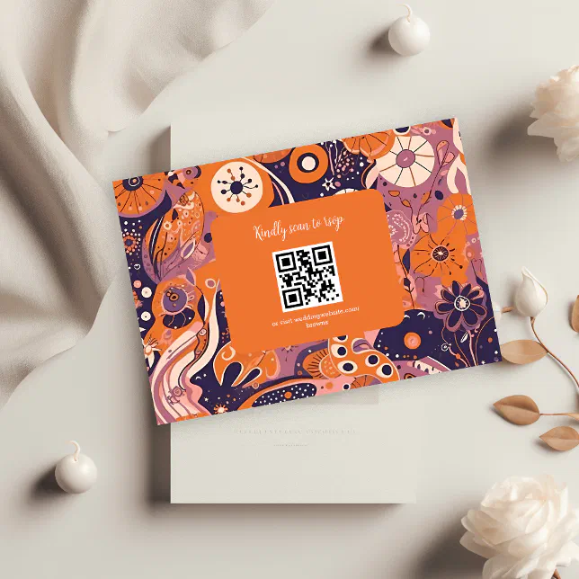 Retro orange blush pink purple groovy wedding RSVP card | Zazzle