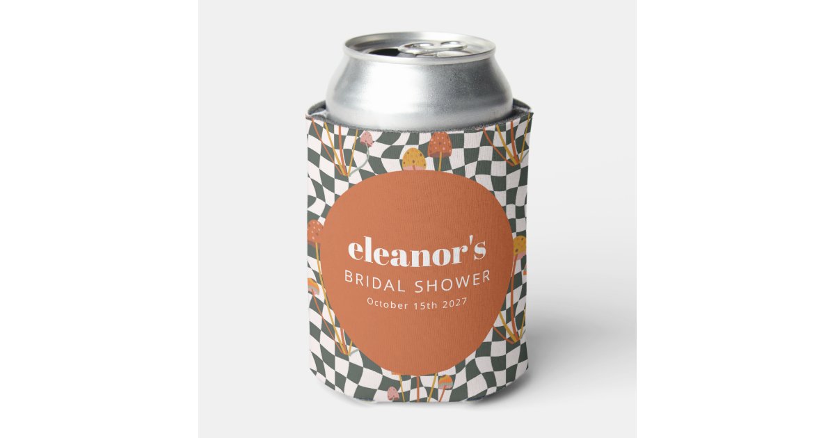 Retro Orange Checker Mushroom Custom Bridal Shower Can Cooler | Zazzle